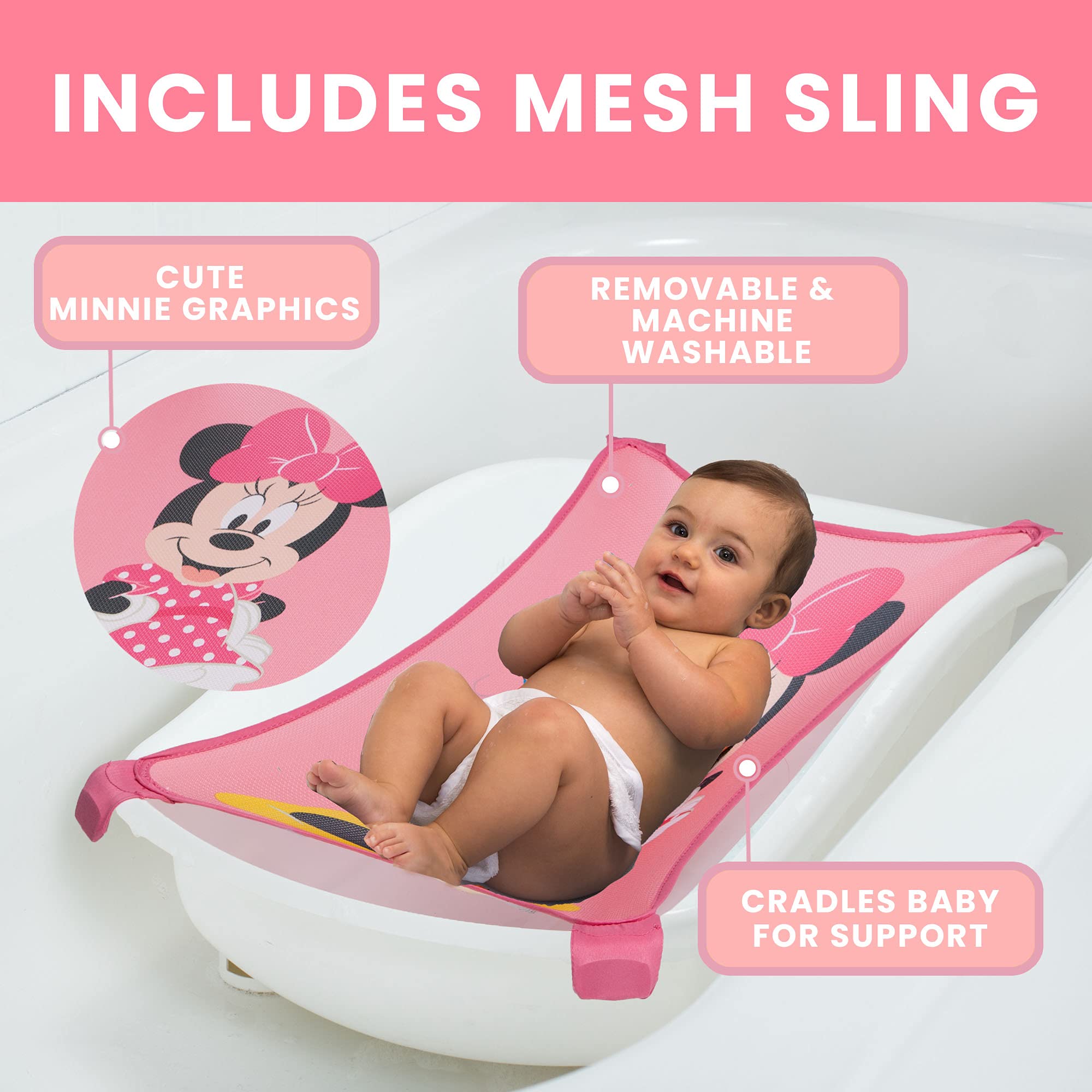 Disney Minnie Mouse My First Bubble Bath by Delta Children β 3-in-1 Newborn to Toddler Bathtub with Sling and Bubble Blower