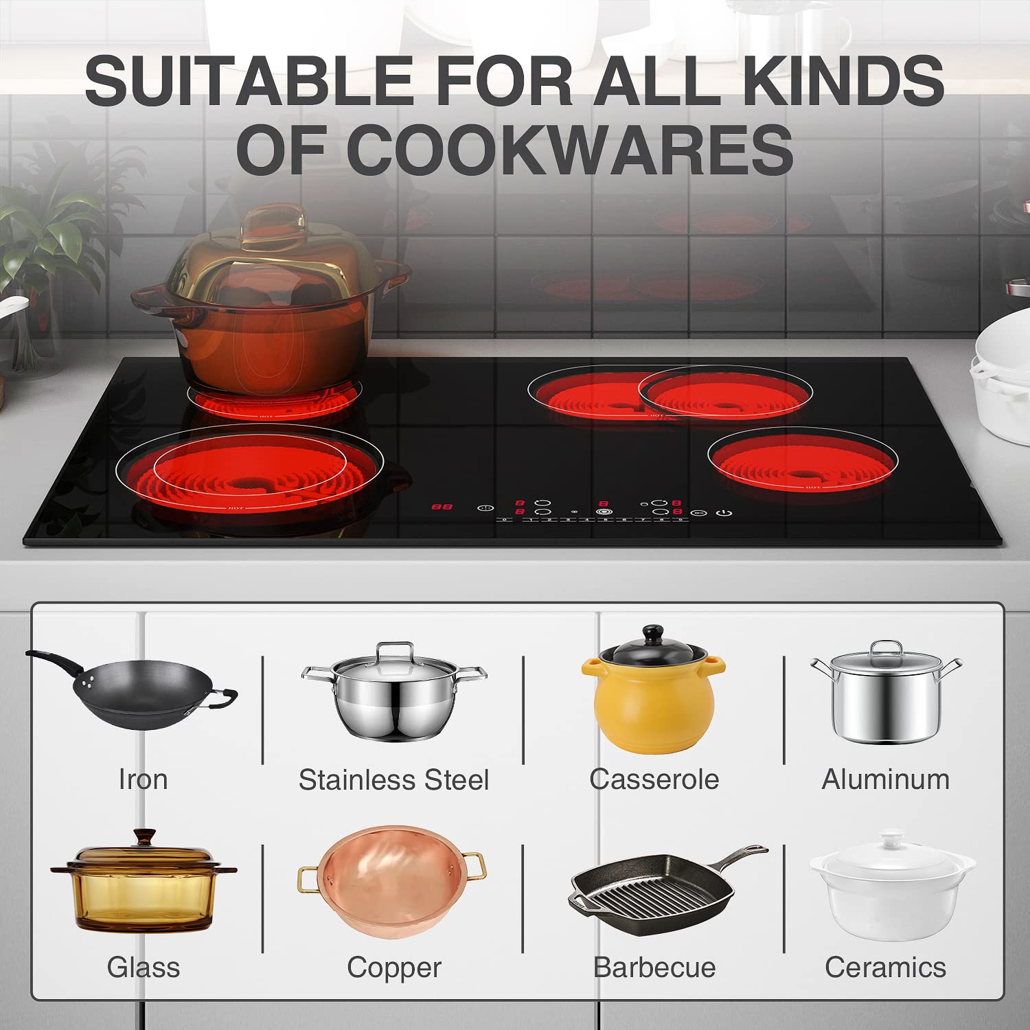 Electric Cooktop 30 Inch 4 Burner Built-in Electric Stove Top, 220V 7200W Electric Ceramic Cooktop, 9 Heating Levels, Timer & Kid Safety Lock, Suitable for all Cookware, without Plug
