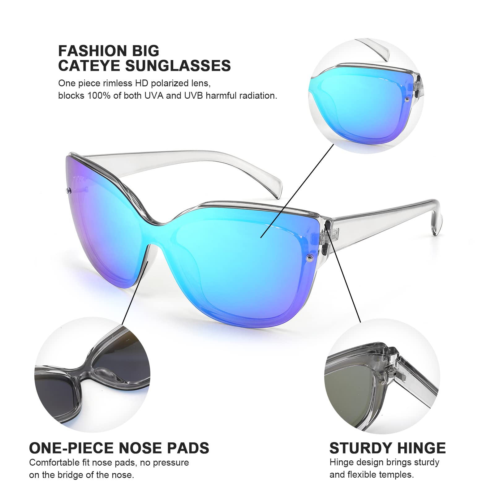 FEISEDY Cat Eye Sunglasses Polarized for Women Men,Rimless Mirrored Sunglasses, Oversized, Trendy Retro Sun Glasses B2796 Transparent Grey/Blue Mirror