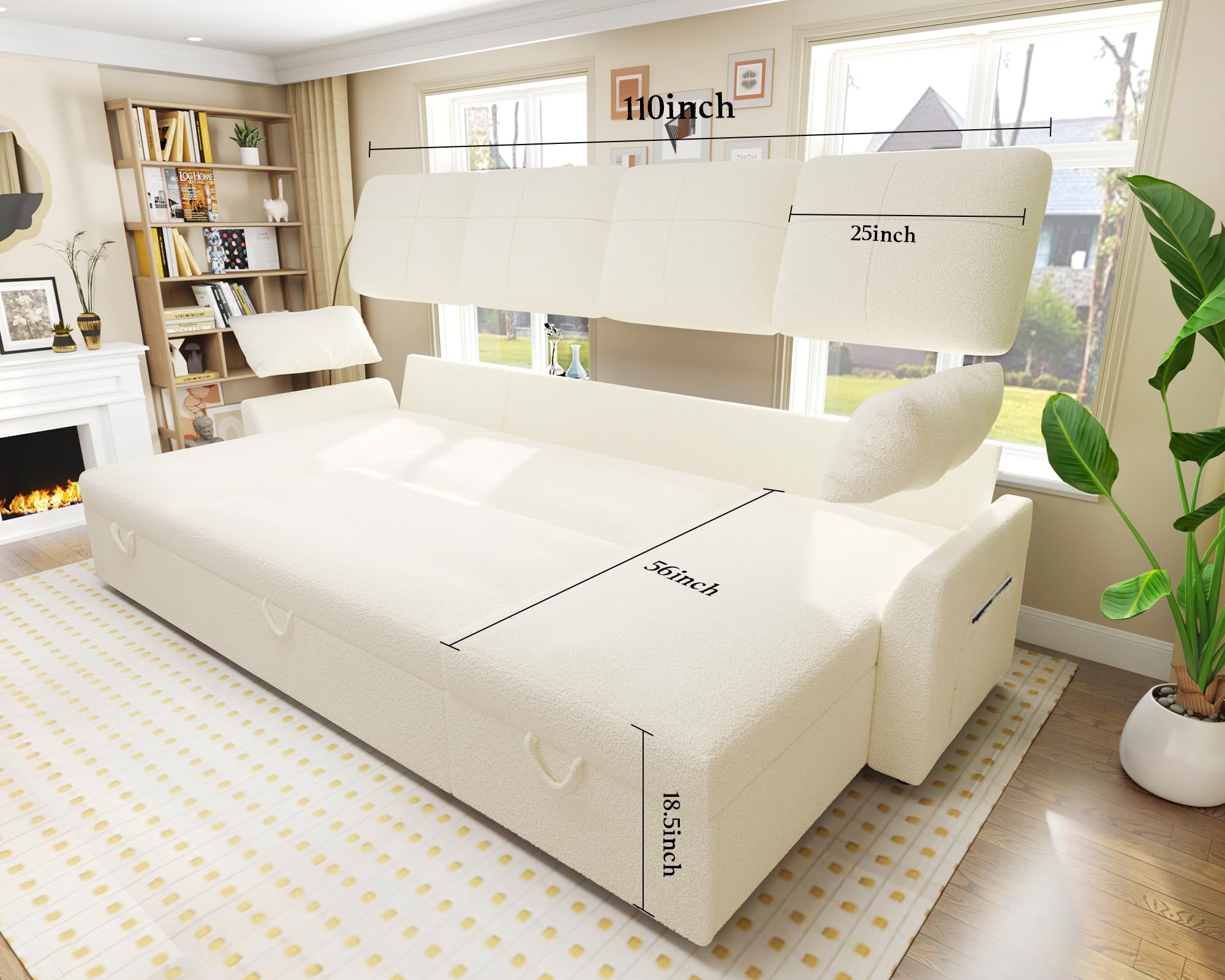 PaPaJet 110 Inch Sleeper Sofa, Oversized Pull Out Couch with Double Storage Chaise,U Shape Couches for Living Room-Offwhite Boucle