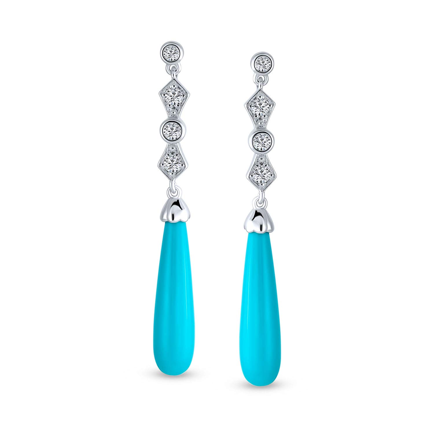 Elegant Long Linear Cubic Zirconia CZ Blue Stabilized Turquoise Elongated Teardrop Chandelier Earrings Western Jewelry For Women .925 Sterling Silver