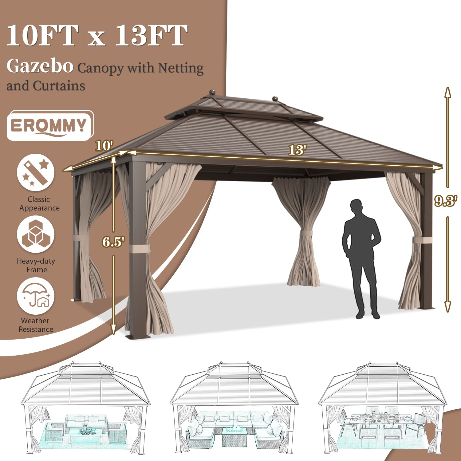 EROMMY 10' x 13' Hardtop Gazebo Double Roof Galvanized Steel Canopy Outdoor Aluminum Frame Permanent Metal Pavilion with Netting and Curtains for Patio Backyard Deck and Lawns