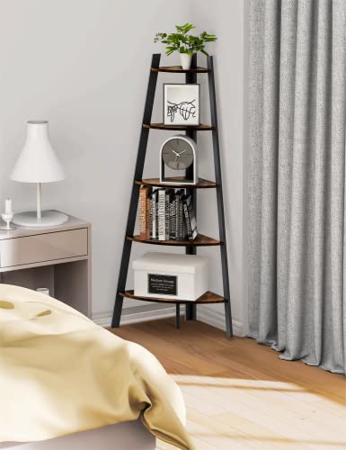MiTechPro 63" Tall Corner Shelf, 5 Tier Industrial Corner Bookshelf Bookcase Rustic Corner Ladder Shelf Plant Stand for Living Room, Kitchen, Home Offie