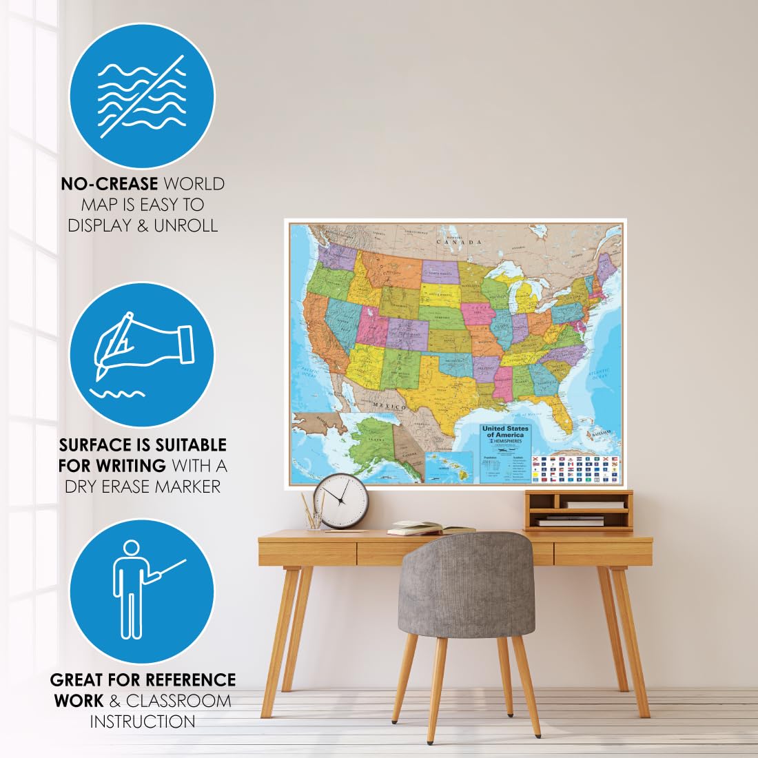 Waypoint Geographic Blue Ocean Series USA Wall Map, Laminated World Map Poster, Educational Wall Art For Home, Classroom, or Office, Unique Gifts, 48β x 38β