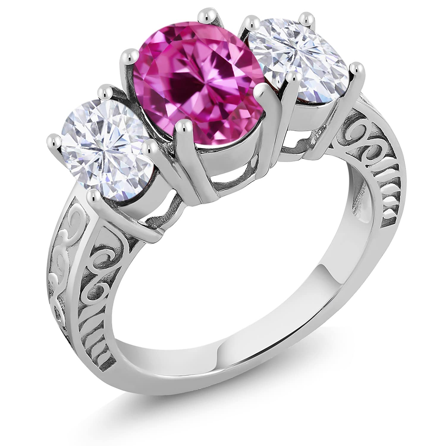Gem Stone King 925 Sterling Silver Oval Pink Created Sapphire and Moissanite 3 Stone Ring for Women (2.80 Cttw, Available In Size 5, 6, 7, 8, 9)