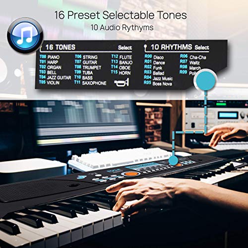 Digital Piano Kids Keyboard - Portable 61 Key Piano Keyboard, Learning Keyboard for Beginners w/ Drum Pad, Recording, Microphone, Music Sheet Stand, Built-in Speaker - Pyle PKBRD6111 (Renewed)