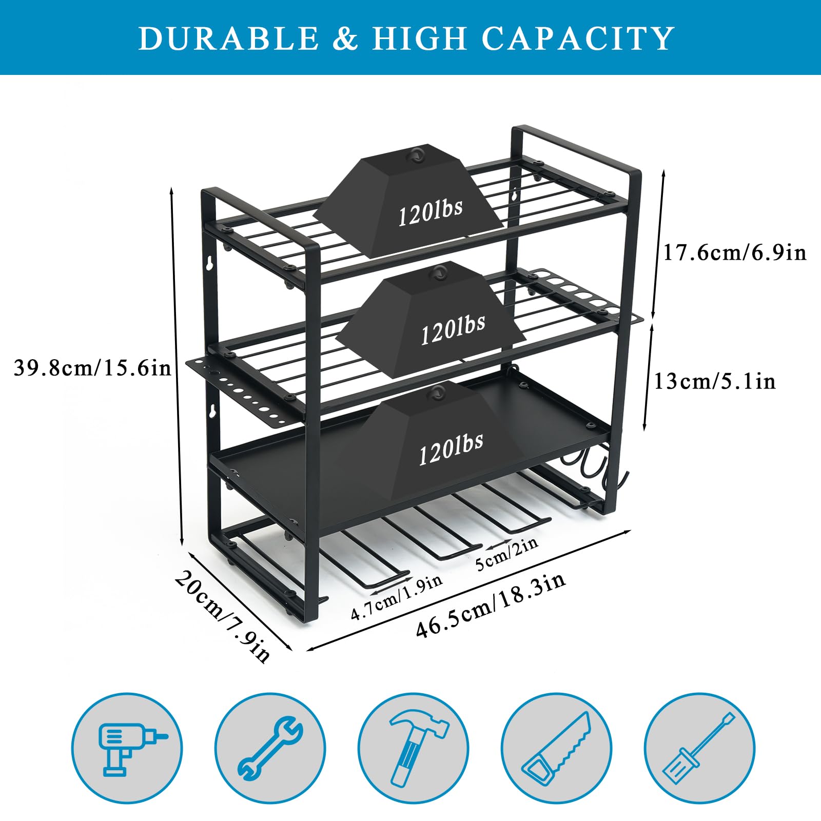 Power Tool Organizer Wall Mount, 4 Drill Holder 4 Layers Garage Tool Organizers and Tool Storage Rack, Heavy Duty Metal Tool Shelf with Screwdriver Holder Plier Holder Hammer Holder