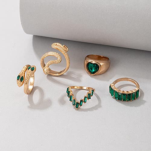 FUTIMELY Green Crystal Snake Rings for Women Teen Girls,Boho Retro Stackable Knuckle Joint Finger Rings Sets,Simple Midi Rings Gold Plated Statement Stacking Rings Pack (5pc)