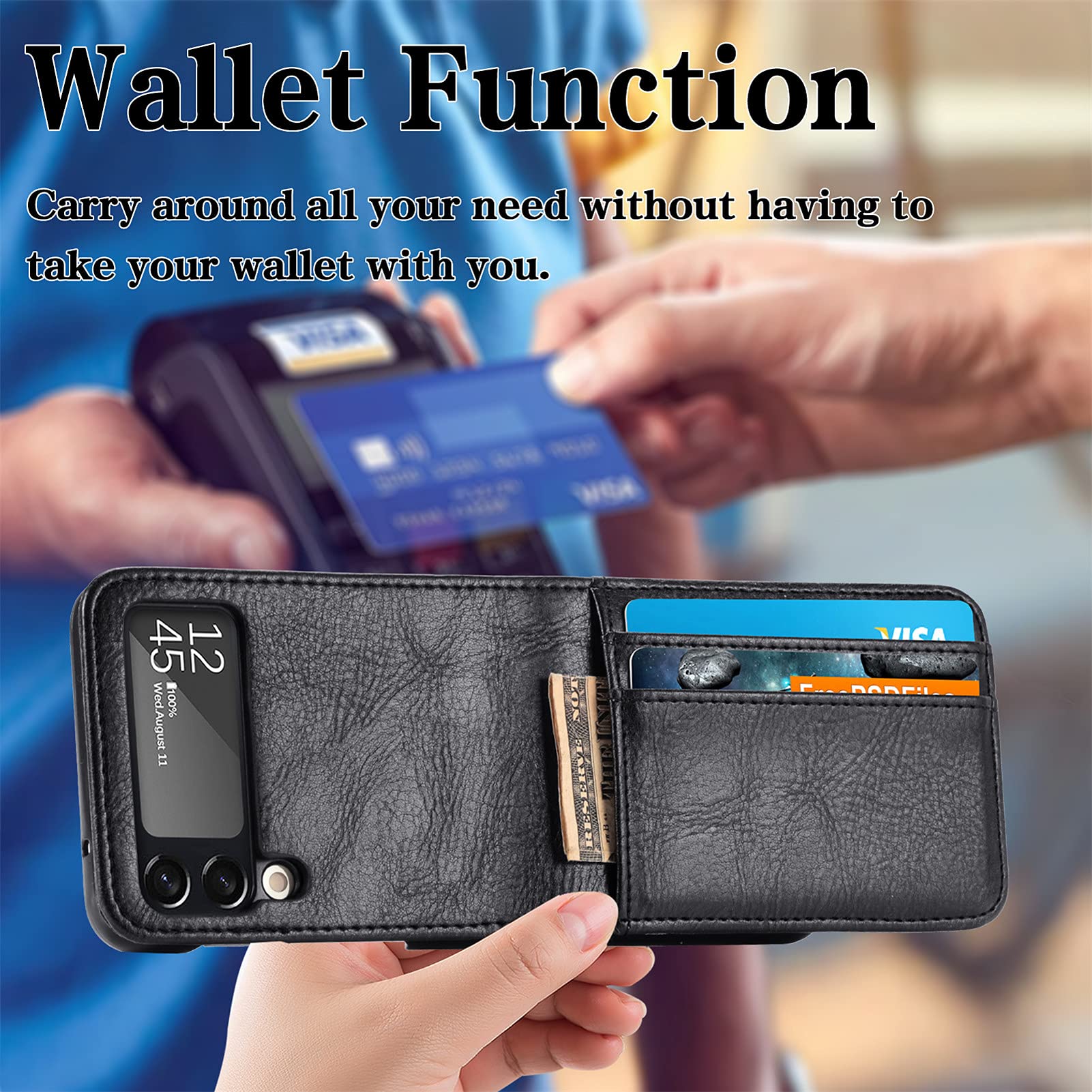Ephoou Wallet Case for Samsung Galaxy Z Flip 3 5G with Card Holder, Premium PU Leather Phone Cover Case for Samsung Galaxy Z Flip 3 Business Black