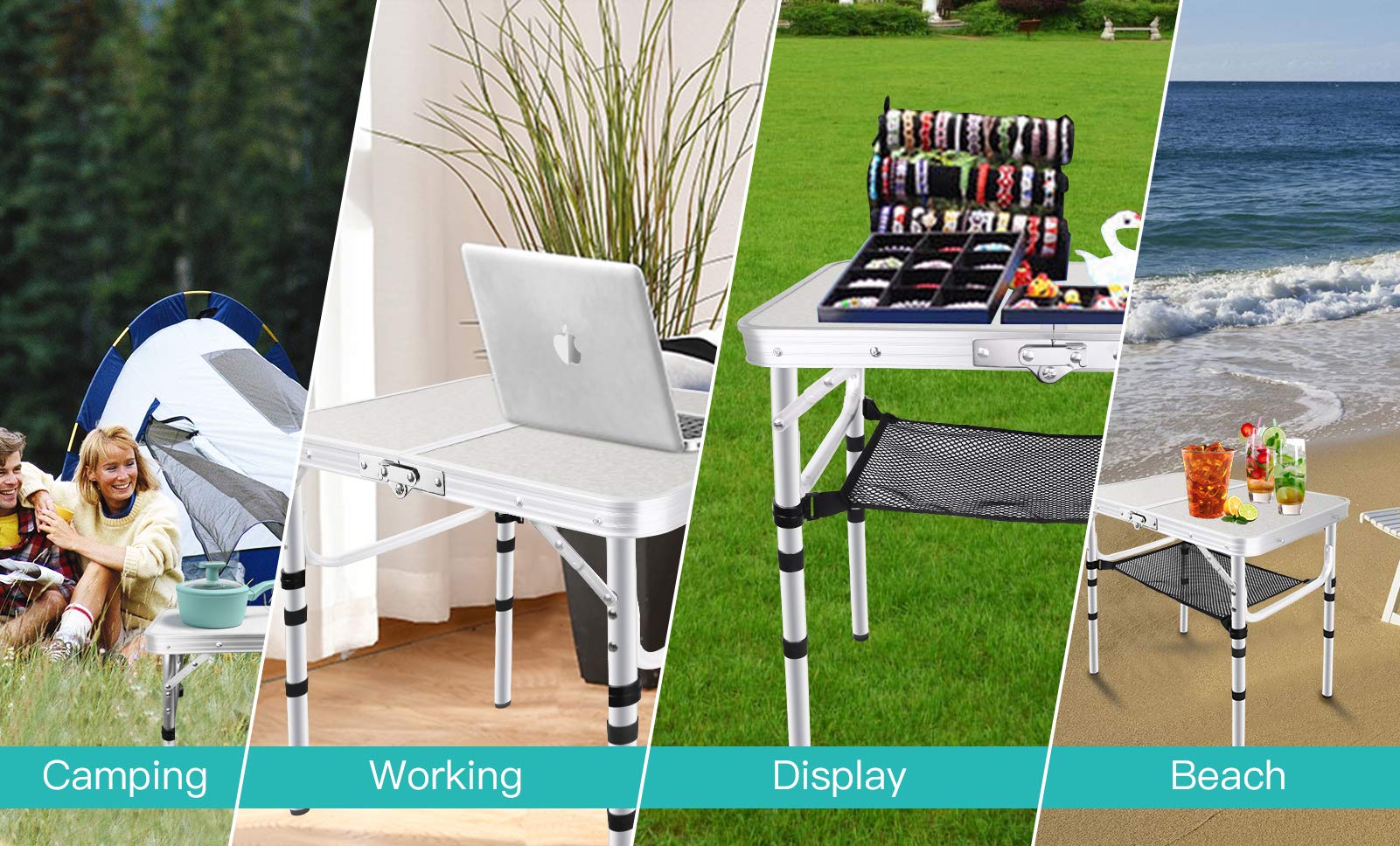EXCELFU Small Folding Camping Table, Portable Adjustable Height Aluminum Camp Tables with Storage Mesh Lightweight Folding Table for Outdoor Indoor, Camp, Picnic, Cooking, Beach (3 Heights)