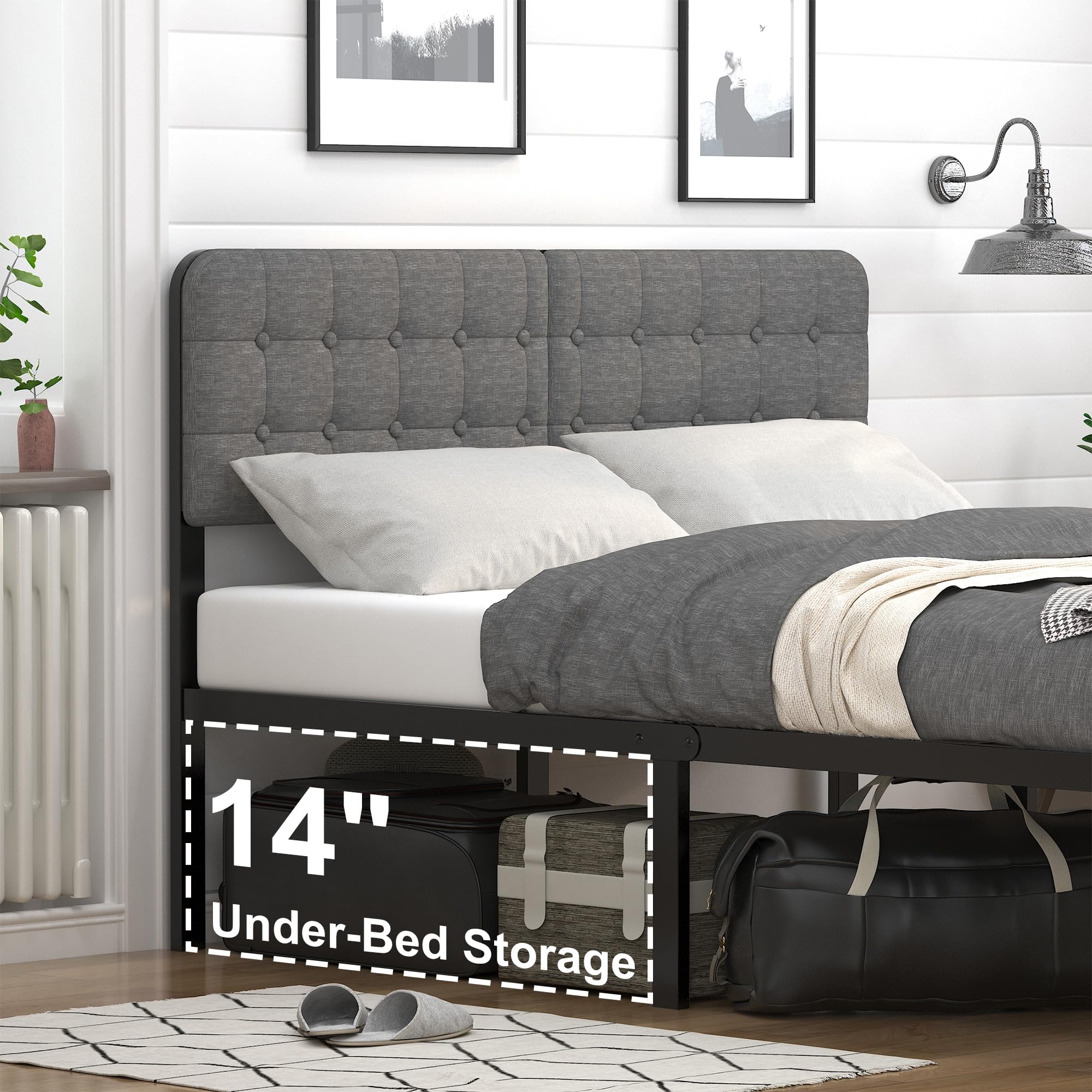 EMODA 16 Inch King Size Bed Frame with Upholstered Headboard and Metal Footboard, Heavy Duty Metal Slats Support Mattress Foundation, No Box Spring Needed, Easy Assembly