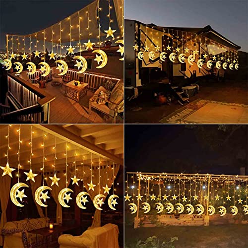 Janchs Solar String Lights Outdoor Ramadan Eid Decorations, 8 Modes Waterproof 138LED Solar Powered Star Moon Curtain Lights Window Fairy Lights for Backyard Garden Patio Home Christmas Ramadan Decor