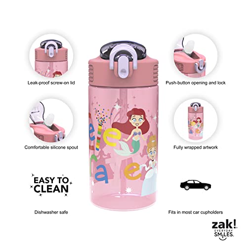 Zak Designs Kids Water Bottle For School or Travel, 16oz 2-Pack Durable Plastic Water Bottle With Straw, Handle, and Leak-Proof, Pop-Up Spout Cover (Disney 100 Princess, Limited Edition)