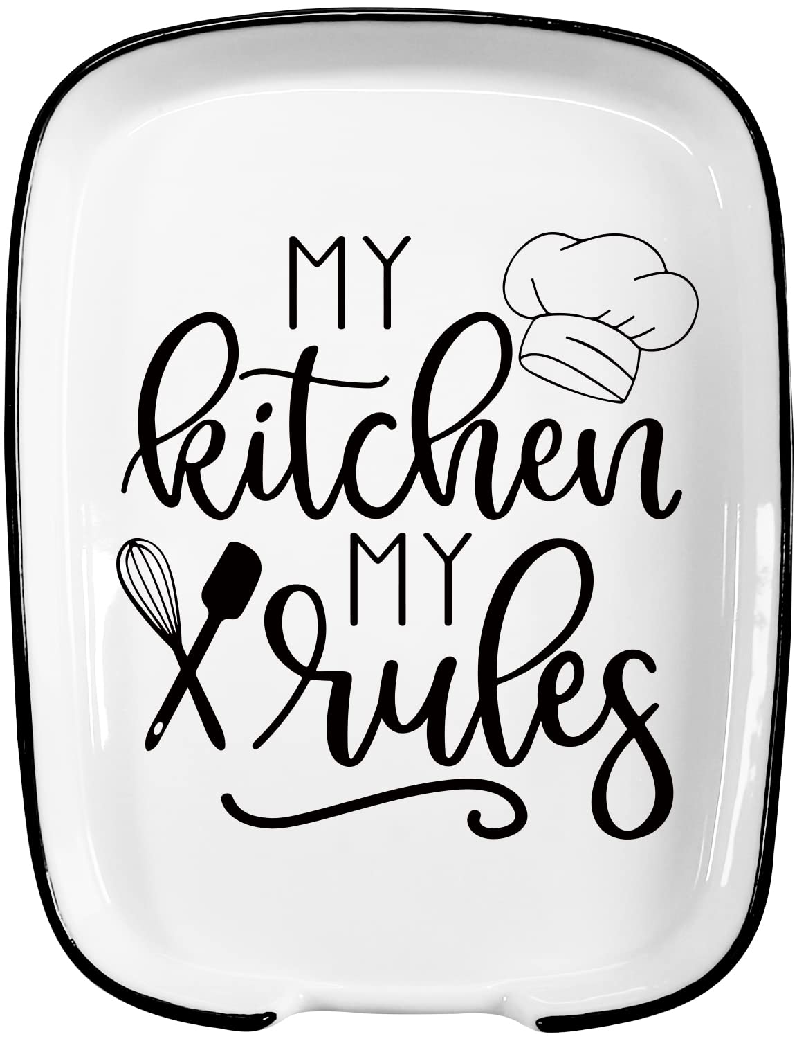 Hvukeke Ceramic Spoon Rest for Kitchen Stove Top Counter, Funny My Kitchen My Rules White Spoon Holders for Chef, Dad, Mom, Friend Cute Kitchen Decor Gift