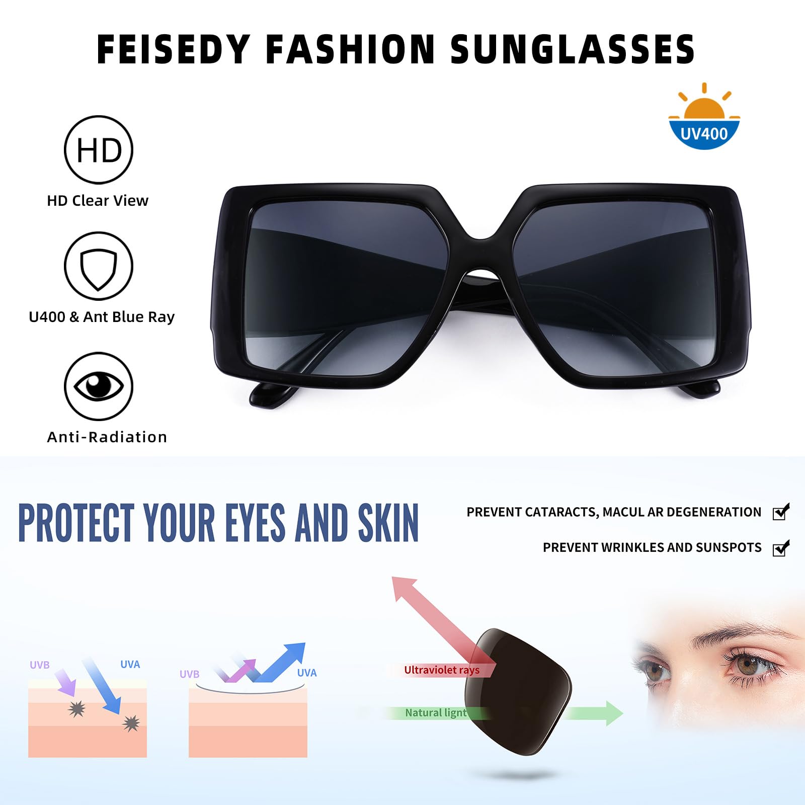 FEISEDY Womens Sunglasses, Trendy Large Frame Retro Square Oversized Shades for Men B4036