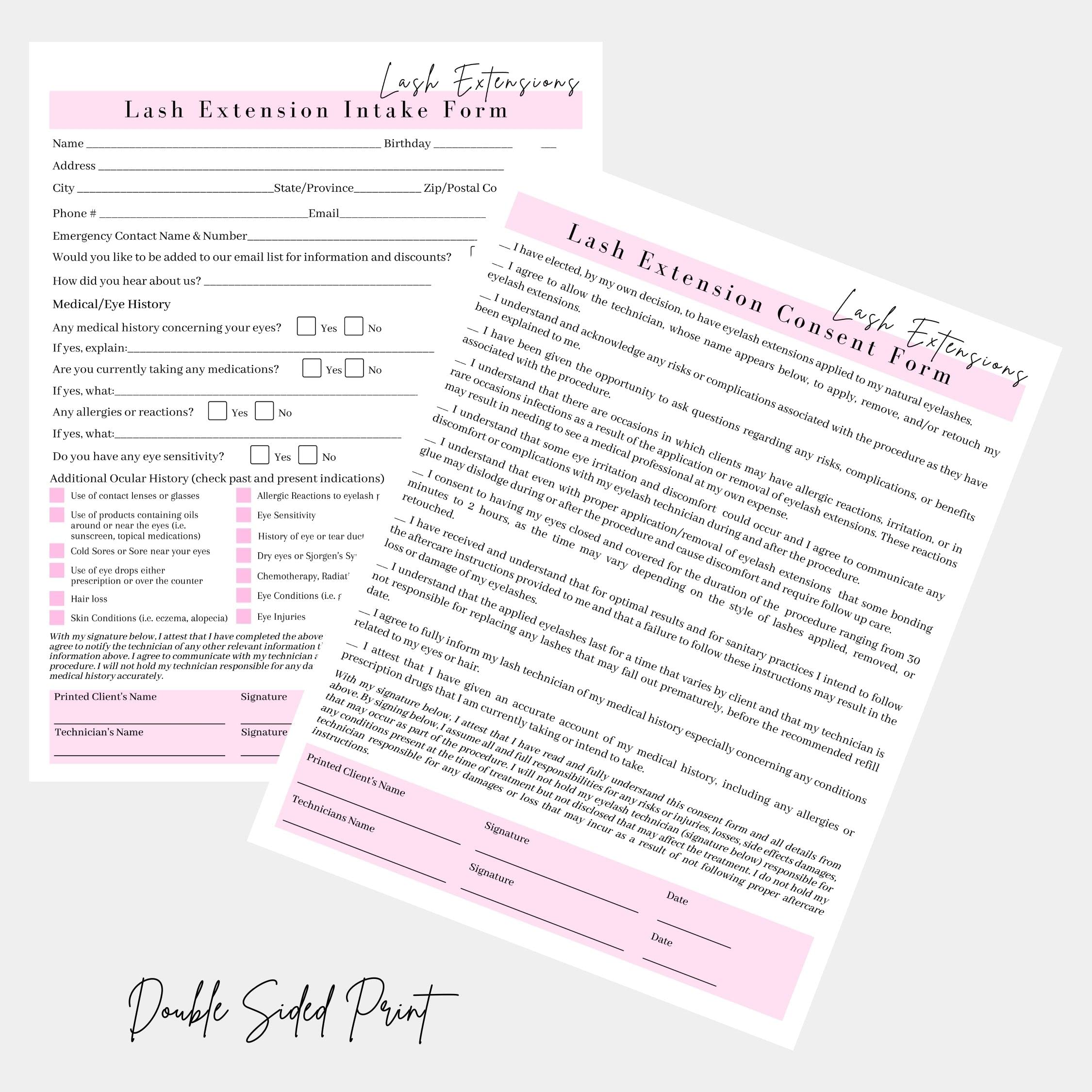 Lash Extension Eyelash Consent, Intake, Aftercare forms with Mapping length curl application style | 75 Pack | 25 of each Consent, Intake, Aftercare, and Design Forms for Lash Artists | 8.5 x 11 inch