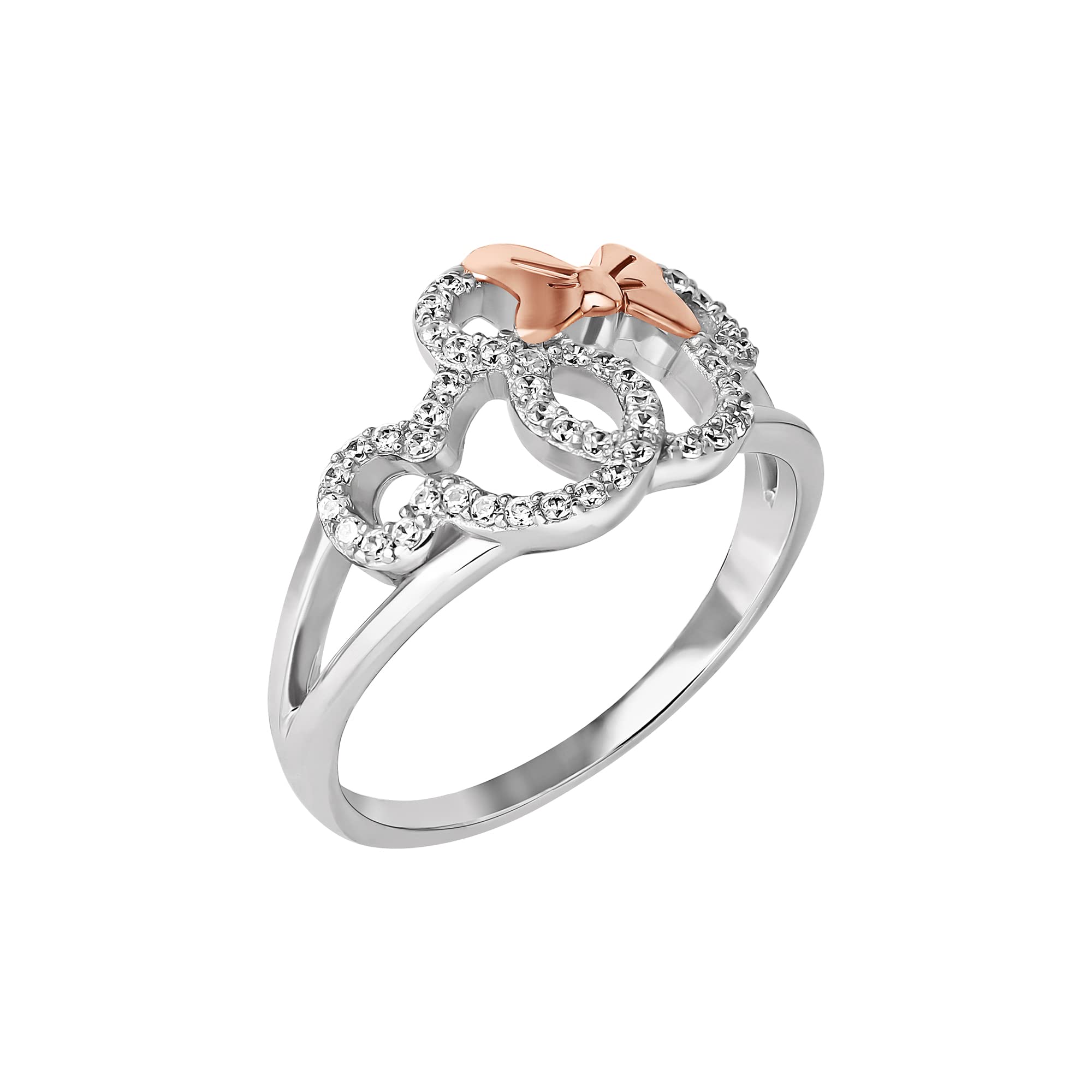 Disney Two Tone Mickey and Minnie Mouse Sterling Silver Pave Set Cubic Zirconia Ring, Size 7