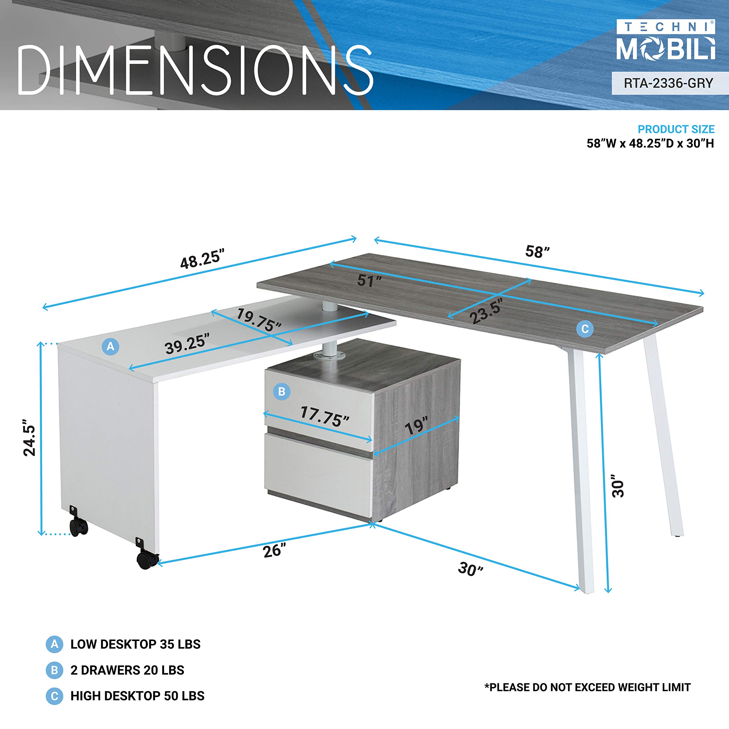 Techni Mobili Rotating Modern Multi-Positional Desk, Grey