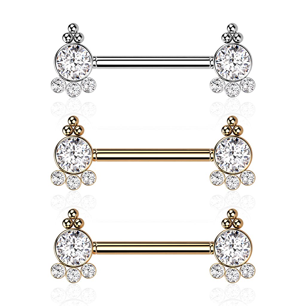 Dynamique 316L Surgical Steel Threadless Push In Nipple Barbell With 4 CZ And Ball Cluster On Each Side (Sold Per Pair Or Per Piece)