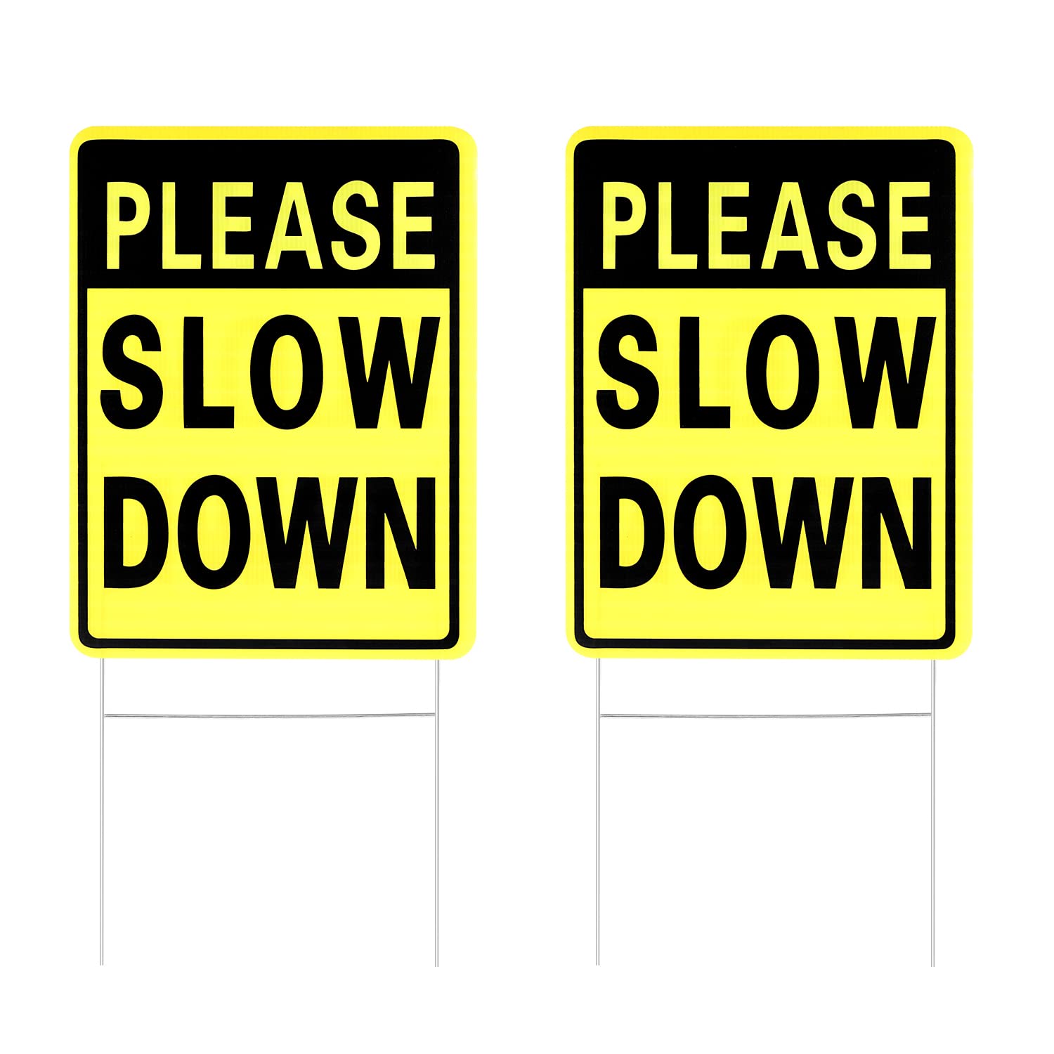 Kichwit 2 Pack Double Sided Please Slow Down Sign Plastic Yard Signs with Metal Stakes, Sign Measures 11.8 x 15.7 Inches
