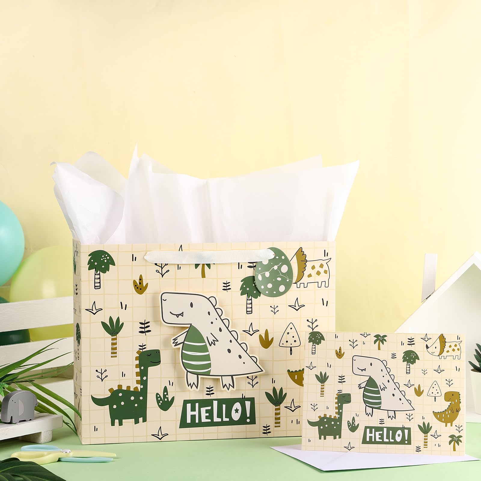 Loveinside Baby Gift Bag Dinosaur and Hedgehog Design with Tissue Paper and Greeting Card for Baby Shower, New Parents, and More - 13" x 5" x 10", 1 Pcs