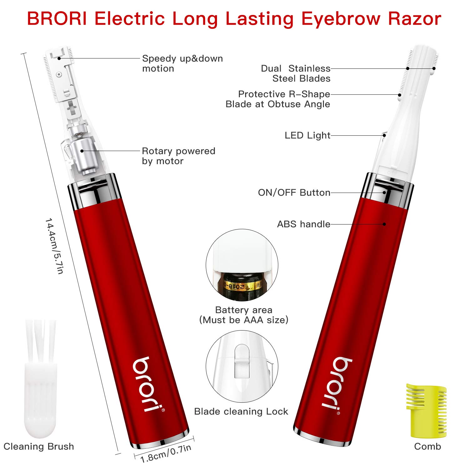 Eyebrow Trimmer, Electric Precision Eyebrow Razor for Women Portable Facial Hair Remover with Comb Eyebrow Epilator LED Light No Pulling Sensation Painless for Face Chin Lips Neck Bikini-line Armpit