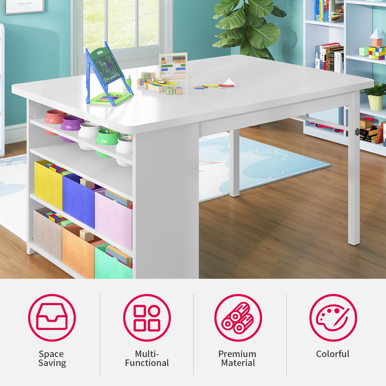 MUZZ Kids Activity Table and Chairs Set, Kids Table with Colorful Storage Bins and Paper Roller, Wooden Art Table for Kids Drawing,Playing(Grey)