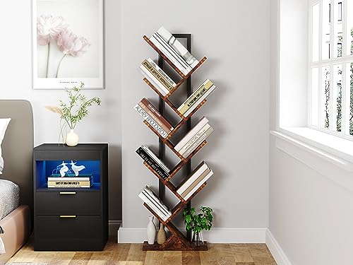 Yusong Tree Bookshelf, Geometric Bookcase with Steel Pipe for Living Room Bedroom, Floor Standing Shelves for Home Office (Rustic Brown, 9 Tier)