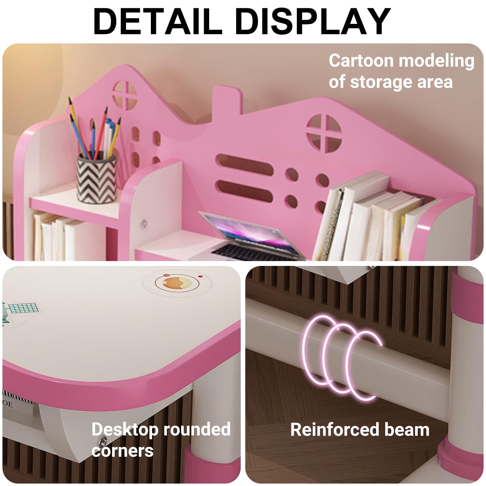 NUZYZ Kids Desk and Chair Set, Adjustable Height Kids Desk with Storage and Drawers Girls Desk Pink Writing Reading Drawing