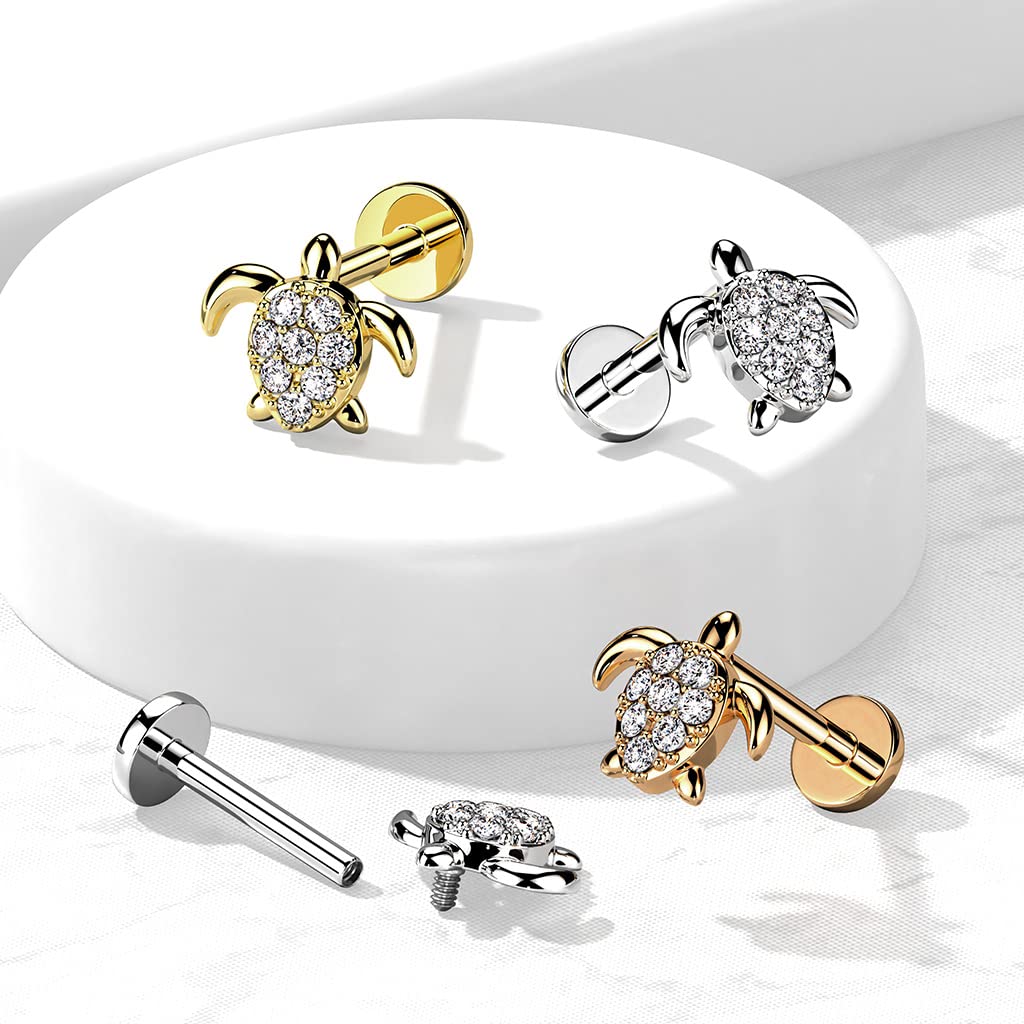 Dynamique CZ Paved Turtle Internally Threaded 316L Surgical Steel Flat Back Studs For Labret, Monroe, Cartilage And More (Sold Per Piece)