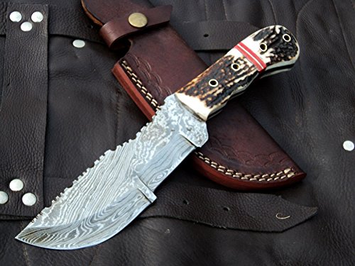 DKC Knives (11 6/18) Sale DKC-708 STAG Tracker Stag Horn Damascus Survival Prepper Hunting Knife 10" Long, 5" Blade 11ozl Damascus Steel Blade Very Solid Knife