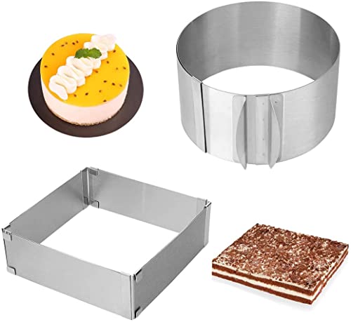 HAOYING 4 PCS Bakeware Set, 7-Layer Cake Slicer Cutter 9.5"-12",Cake Ring 6"-12", Square Cake Mold 6"-11", Heart Shape Cake Mold 4", Stainless Steel Pastry Slicing Rings Mousse Mould Baking Tools