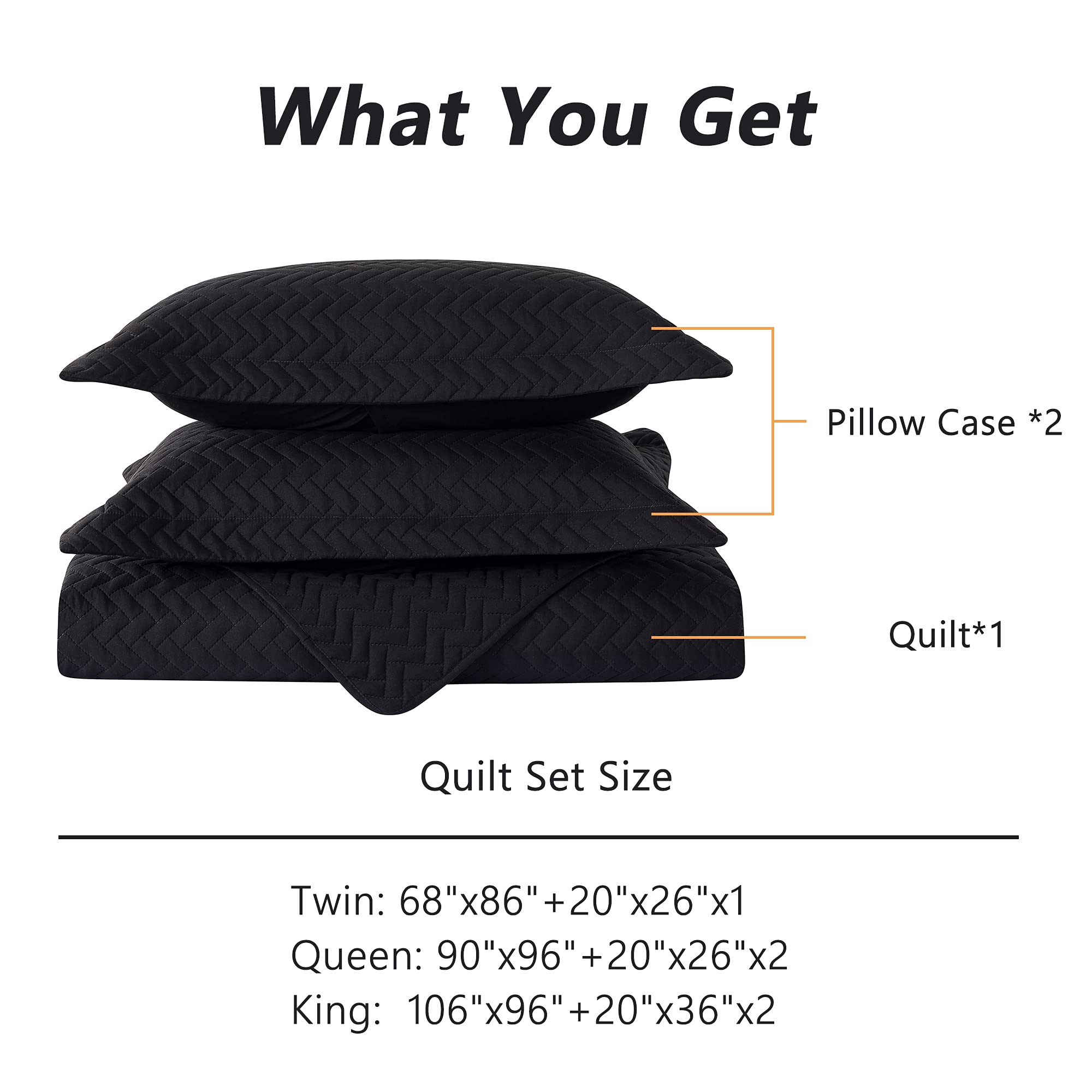 DOWNCOOL Black Queen Quilt Bedding Set with 2 Pillow Cases - 3 Pieces Quilts Queen Size Sets - Lightweight Soft Bedspread Coverlet Bed Cover for All Season - Queen Quilt Sets(90"x96")