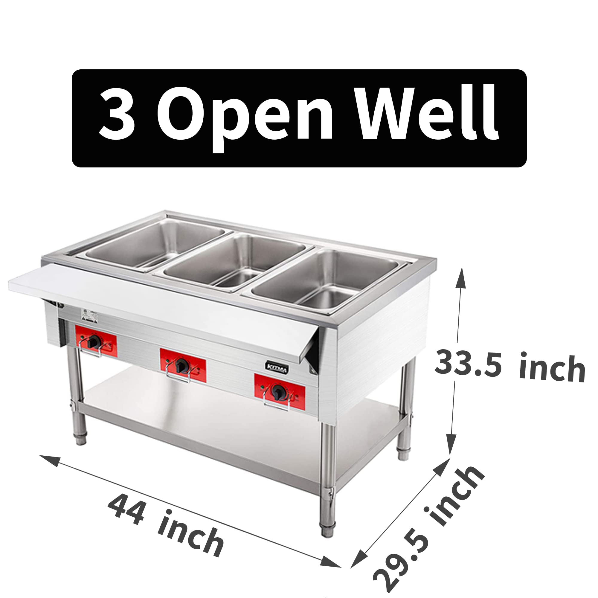 KITMA 3 Bay Steam Table - Open Well Commercial Electric Food Warmer, 120V, Full Size
