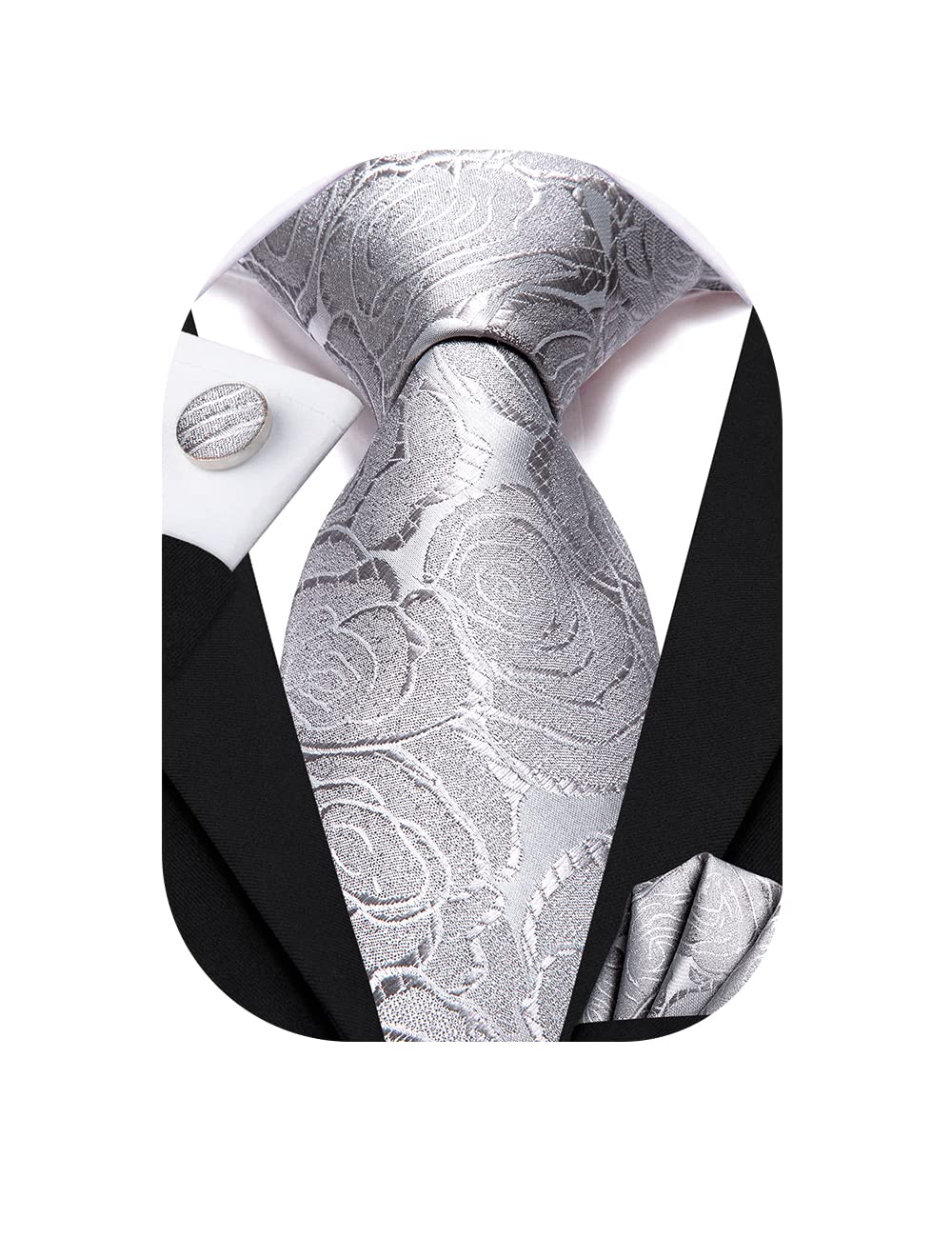 Dubulle Mens Silver Grey Floral Tie Silk Neckte and Hanky Cufflinks Set for Wedding