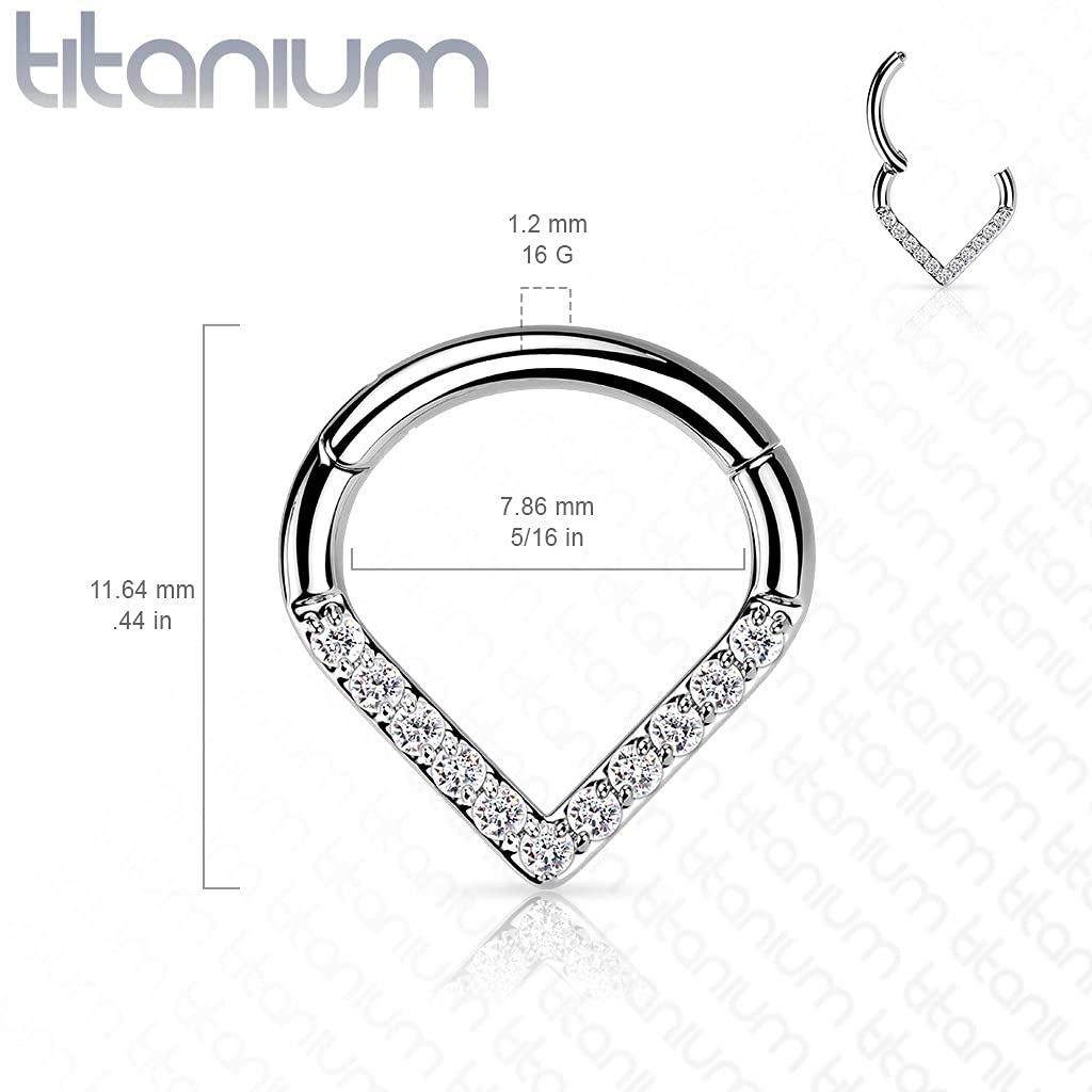 Dynamique Implant Grade Titanium Hinged Segment Hoop Ring With Single Line CZ Paved Chevron (Sold Per Piece)