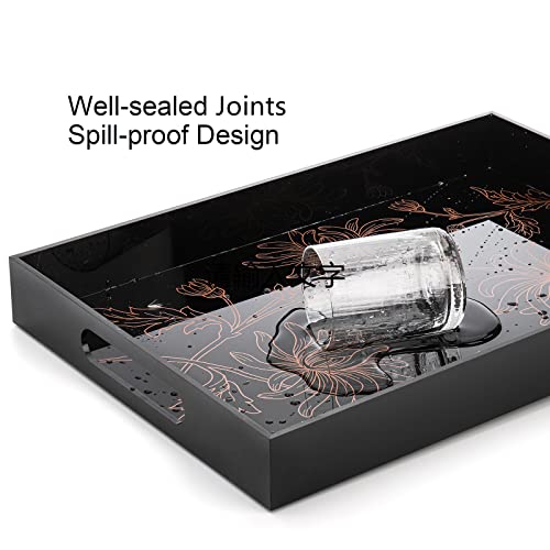 Hacaroa Black Acrylic Serving Tray with Handles, 17" x 12" Rectangular Breakfast Tray for Coffee Table, Appetizer, Tea, Decorative Floral Vanity Tray Organizer, Spill-Proof