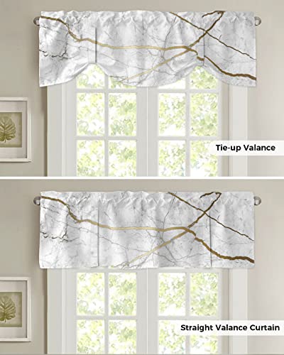Yun Nist Tie Up Curtain Valance for Kitchen,White Marble Gold Crack Inlay Window Valances Adjustable Tie-up Shade Valance,Fashion Abstract Geometric Art Rod Pocket Short Curtains for Bathroom 42x12in