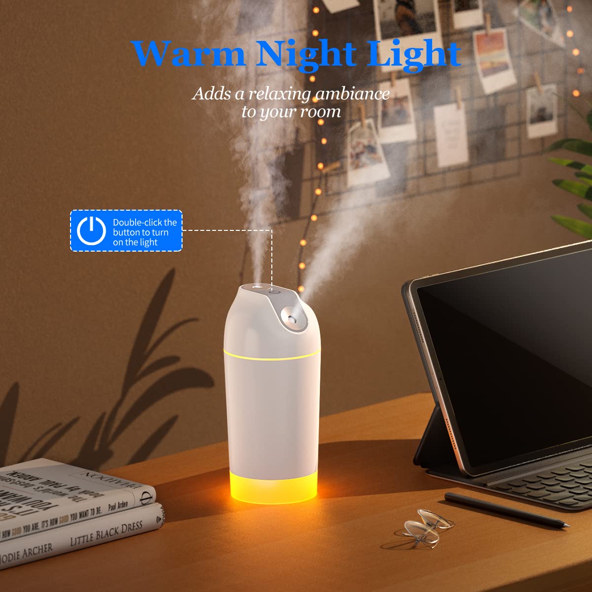 HandFun Mini Humidifier-Battery Operated 480ml Cordless Portable Small Humidifier USB Rechargeable Personal Desktop Humidifiers With Night Light & 4 Spray Modes for Car, Baby, Plants (White, 2600mAh)