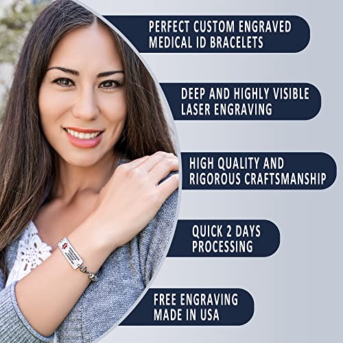 Divoti Custom Engraved Classic Medical Alert ID Bracelets for Women, w/Anchor Chain โ Red/8.0"