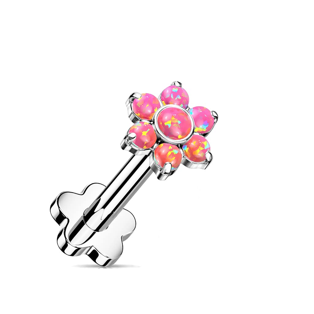 Dynamique Implant Grade Titanium Threadless Push In Flower Base Labret, Flat Back Studs With Opal Flower Top For Cartilage, Monroe (Sold Per Piece)