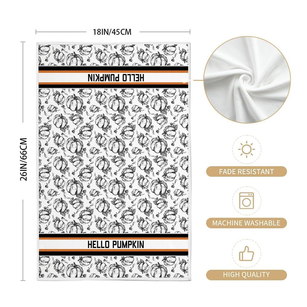 GEEORY Fall Kitchen Dish Towels Set of 2 for Fall Decor,Hello Black Printed Stripes Pumpkin 18x26 Inch Drying Dishcloth,Farmhouse Home Decoration GD117