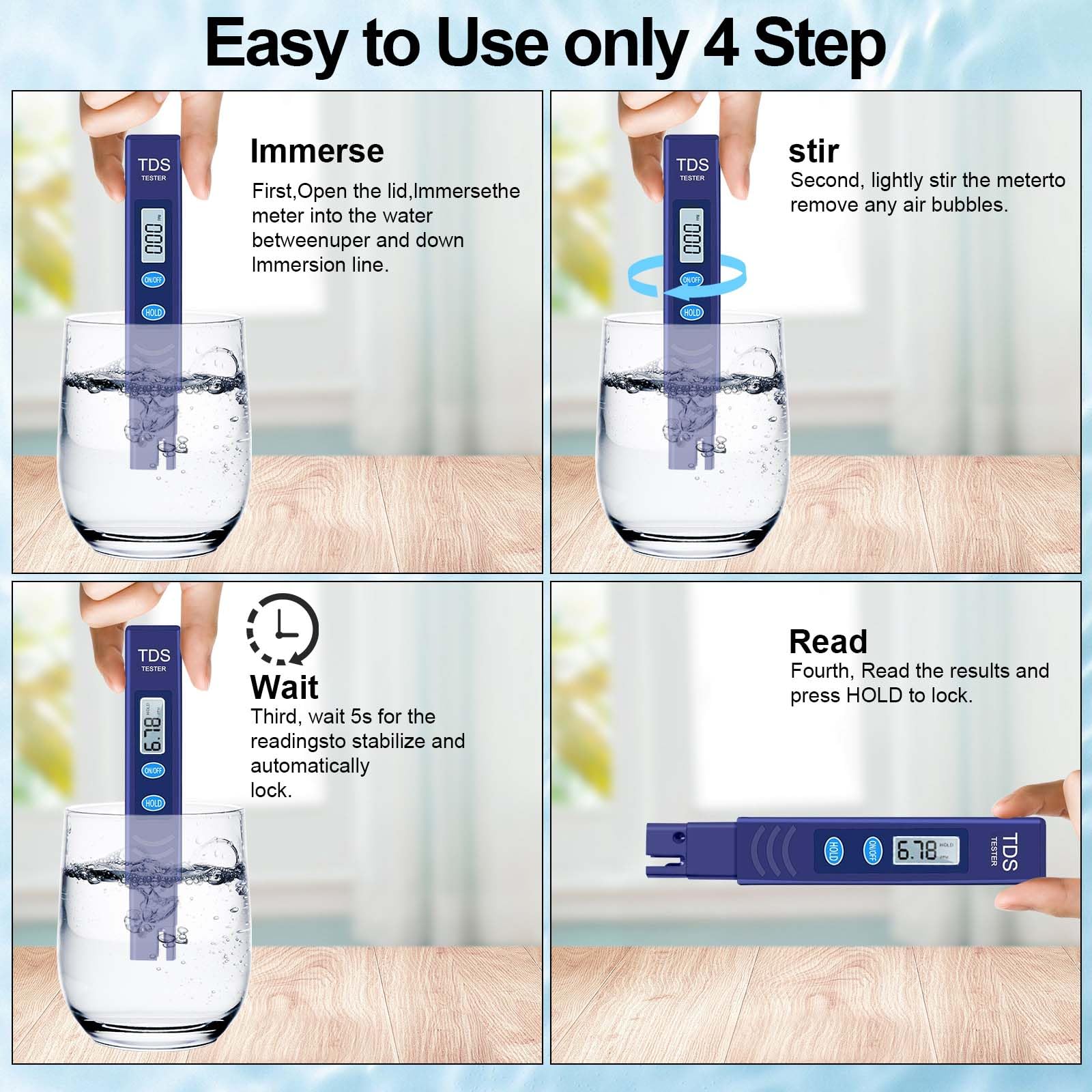TDS Meter, Electronic Water Tester with 0-9990 PPM Measurement Range, Hand Held Digital Water Test Pen for Farming, Aquariums, Pools, Household Drinking Water (Blue)