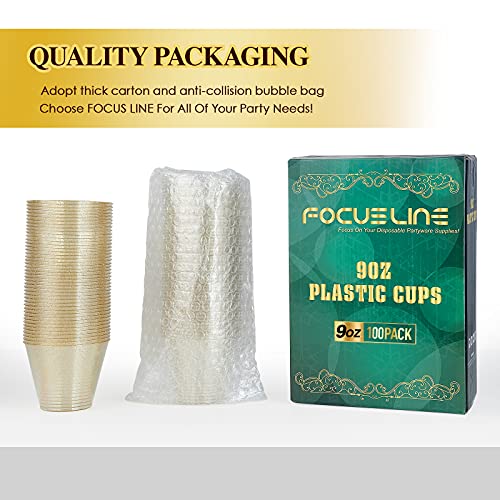 FOCUSLINE 100 Pack Gold Glitter Plastic Cups 9 oz Clear Plastic Cups Tumblers, Fancy Disposable Hard Plastic Cups with Gold Glitter for Wedding Cups Elegant Party Cups
