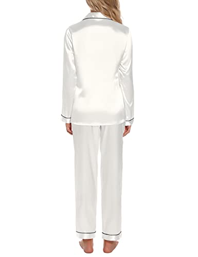 Senert Women's Long Sleeve Sleepwear Button Down Satin 2 Piece Pajama Set White,Medium