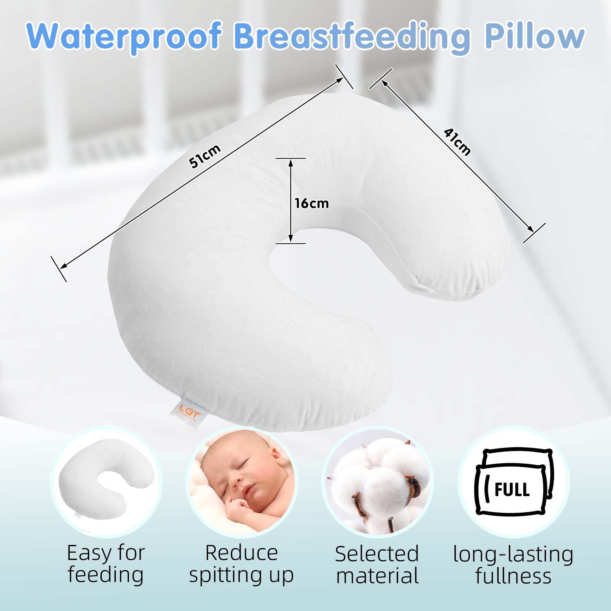LAT Waterproof Nursing Pillow for Breastfeeding,Waterproof Removable Cover,Ergonomic Breast Feeding Pillows Baby for Baby Boys and Girls,Machine Washable(White)