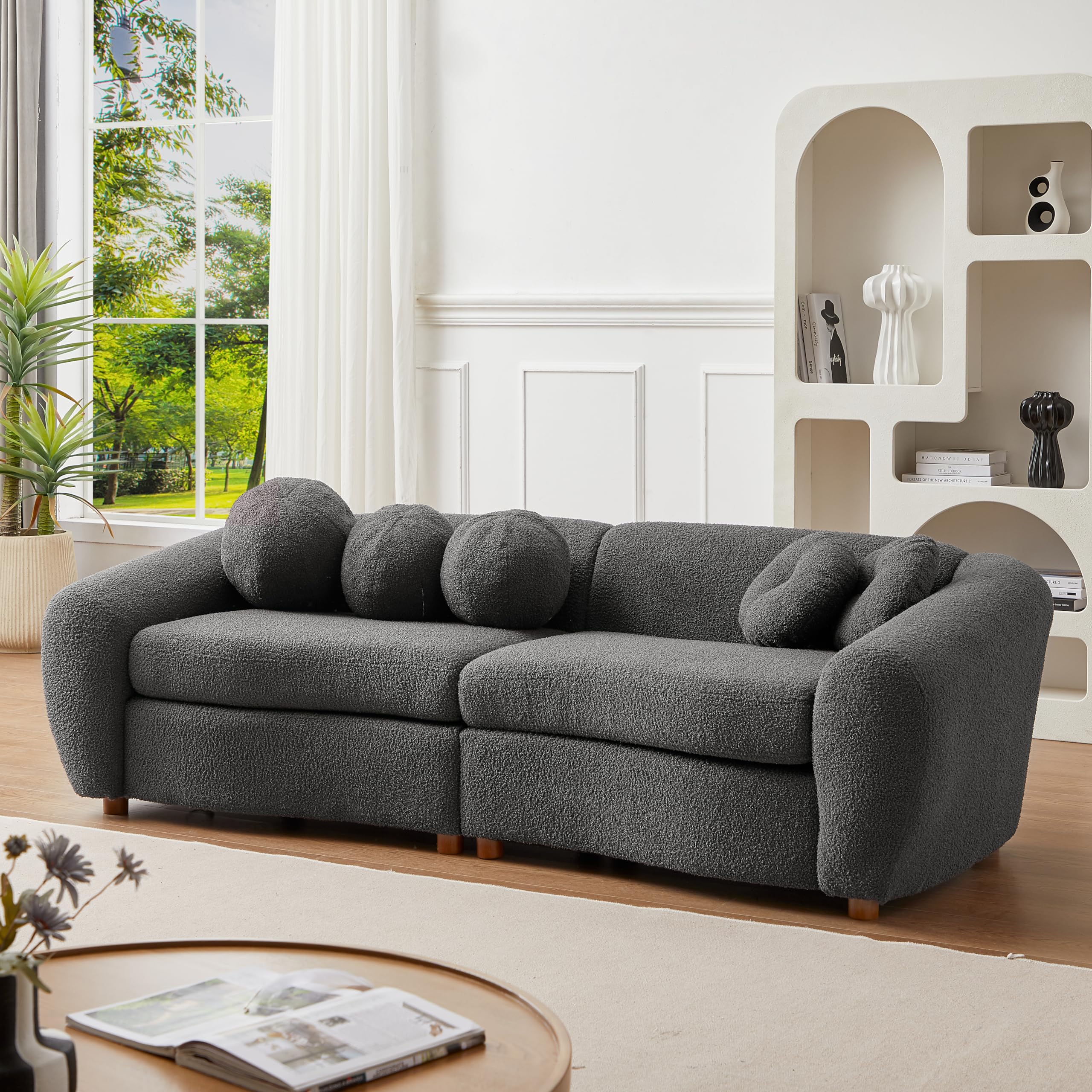 Modern Cloud Curved Sofa Comfy Boucle Couch, Luxury 3-Seat Teddy Fabric Upholstered Leisure Deap Seat Sectional Sofá with 5 Decorative Throw Pillows for Living Room