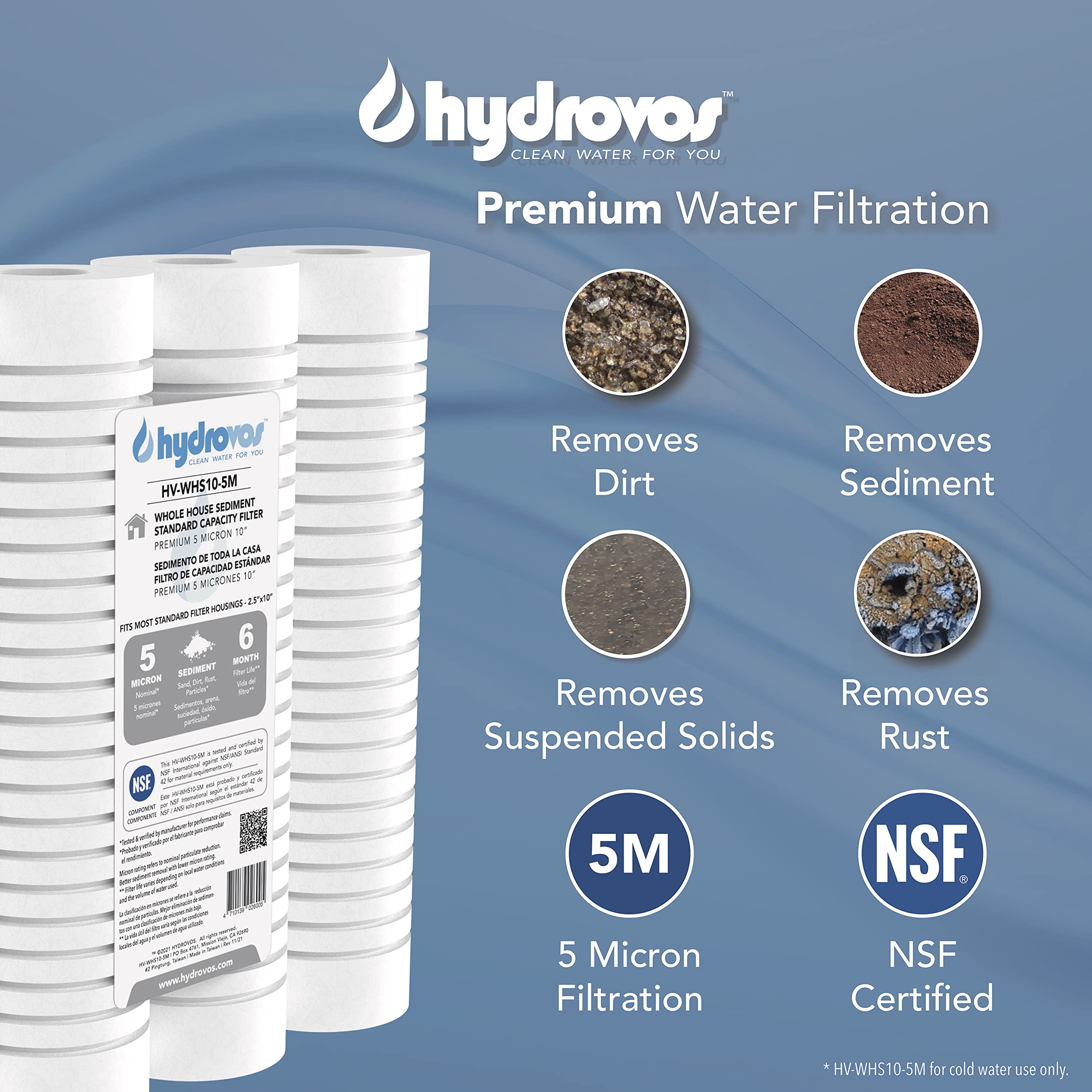 Hydrovos 2.5" x 10" 5 Micron Whole House Water Filter, NSF Certified 10 Inch Sediment Filter with 6-Month Filter Life, 4 Pack