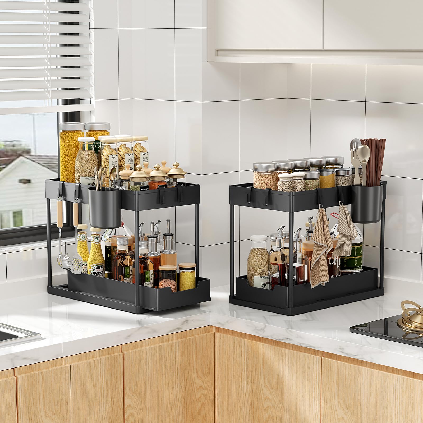 EYOBE Under Sink Organizer 2 Pack, 2-Tier Sliding Cabinet Organizer with Hooks and Hanging Cup, Multi-Use Under Sink Organizers and Storage for Kitchen Bathroom Office Laundry Room, Black