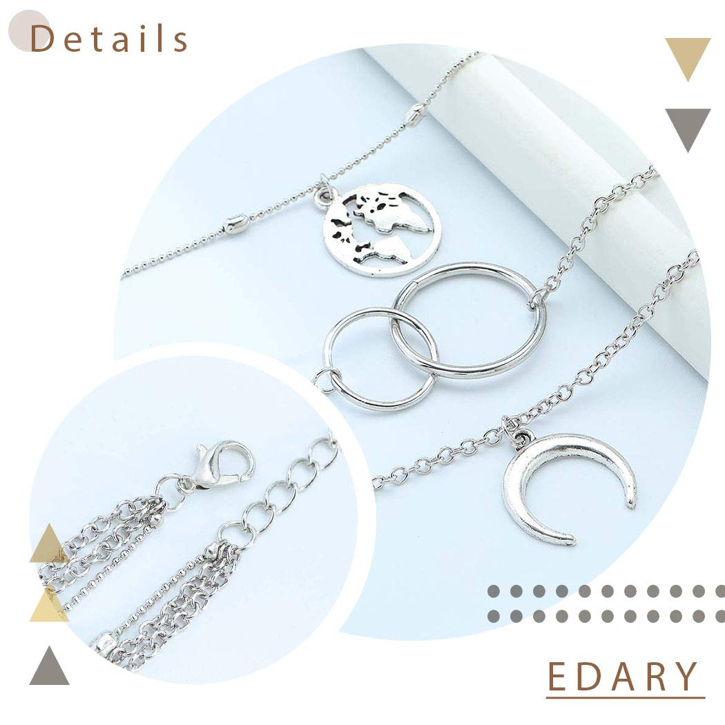 Edary Boho Layered Necklace Moon Necklaces Map Pendant Silver Jewelry for Women(Silver)